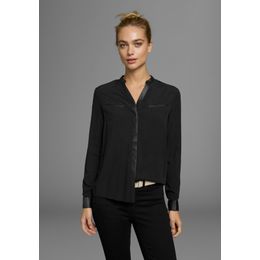 Hemdbluse AJC, Damen, Gr. 34, schwarz, Web, Obermaterial: 100% Viskose. Beschichtung: 100% Polyurethan. Einsatz: 100% Polyester, unifarben, figurumspielend h&uuml;ftbedeckend, V-Ausschnitt, 1-Knopf-Manschette, Blusen Hemdbluse, mit Details aus Lederimitat