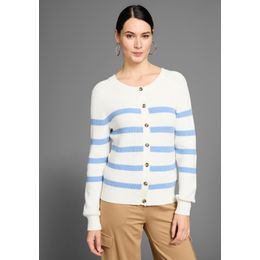 Strickjacke HECHTER PARIS, Damen, Gr. 40/42, weiß (blau, weiß, gestreift), Strick, Obermaterial: 50% Viskose, 28% Polyester, 22% Polyamid, gestreift, figurumspielend hüftlang, Rundhals, Rippbündchen, Strickjacken, im Streifenlook