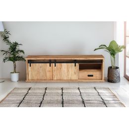 Lowboard 160x45x50 cm Baumkante Akazienholz massiv natur gusseiserne Elemente LIAN III