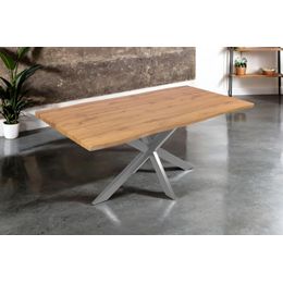 Esstisch 180x90 cm Baumkante Holz Wildeiche-Optik Spider-Gestell Metall silber JOSY