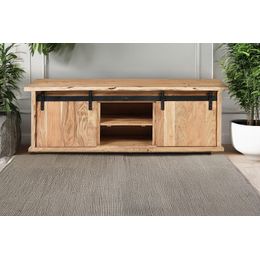Lowboard 145x45x50 cm Baumkante Akazienholz massiv natur gusseiserne Elemente LIAN V