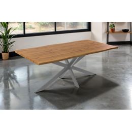 Esstisch 200x100 cm Baumkante Holz Wildeiche-Optik Spider-Gestell Metall silber JOSY