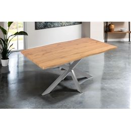Esstisch 160x85 cm Baumkante Holz Wildeiche-Optik Spider-Gestell Metall silber JOSY