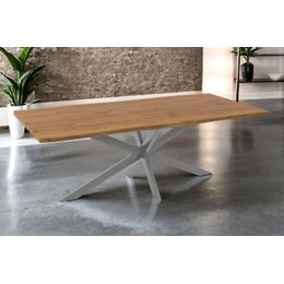 Esstisch 240x100 cm Baumkante Holz Wildeiche-Optik Spider-Gestell Metall silber JOSY