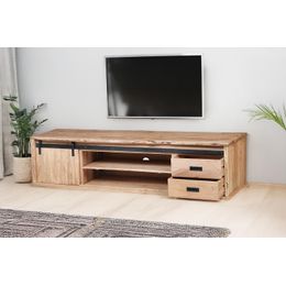 Lowboard 200x55x50 cm Baumkante Akazienholz massiv natur gusseiserne Elemente LIAN II