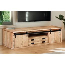 Lowboard 180x55x50 cm Baumkante Akazienholz massiv natur gusseiserne Elemente LIAN I