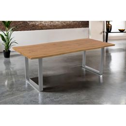 Esstisch 240x100 cm Baumkante Holz Wildeiche-Optik U-Gestell Metall silber JOSY
