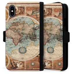 DeinDesign iPhone X Handy Klapph&uuml;lle Handyh&uuml;lle aus Kunst Leder schwarz Flip Case Vintage Map World Map Sideflip mit langer Lasche