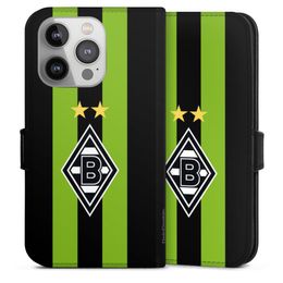 DeinDesign iPhone 14 Pro Handy Klapph&uuml;lle Handyh&uuml;lle aus Kunst Leder schwarz Flip Case Stripes Borussia M&ouml;nchengladbach Gladbach Sideflip mit langer Lasche