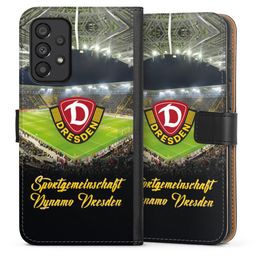 DeinDesign Galaxy A33 5G Handy Klapph&uuml;lle Handyh&uuml;lle aus Kunst Leder schwarz Flip Case Official Licensed Product Sgd Sg Dynamo Dresden Sideflip mit langer Lasche