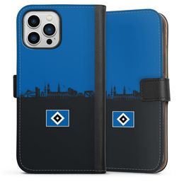 DeinDesign iPhone 13 Pro Max Handy Klapph&uuml;lle Handyh&uuml;lle aus Kunst Leder schwarz Flip Case Hsv Skyline Hamburg Sideflip mit langer Lasche