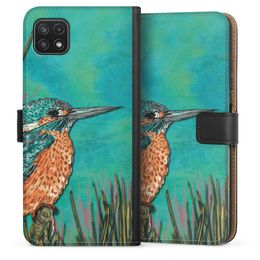 DeinDesign Galaxy A22 5G Handy Klapph&uuml;lle Handyh&uuml;lle aus Kunst Leder schwarz Flip Case Bird Painting Animals Sideflip mit langer Lasche