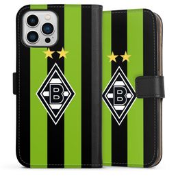 DeinDesign iPhone 13 Pro Max Handy Klapph&uuml;lle Handyh&uuml;lle aus Kunst Leder schwarz Flip Case Stripes Borussia M&ouml;nchengladbach Gladbach Sideflip mit langer Lasche