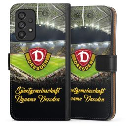 DeinDesign Galaxy A53 5G Handy Klapph&uuml;lle Handyh&uuml;lle aus Kunst Leder schwarz Flip Case Official Licensed Product Sgd Sg Dynamo Dresden Sideflip mit langer Lasche