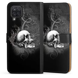 DeinDesign Galaxy A12 Handy Klapph&uuml;lle Handyh&uuml;lle aus Kunst Leder schwarz Flip Case Gothic Skulls Skull Sideflip mit langer Lasche
