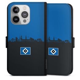 DeinDesign iPhone 14 Pro Handy Klapph&uuml;lle Handyh&uuml;lle aus Kunst Leder schwarz Flip Case Hsv Skyline Hamburg Sideflip mit langer Lasche