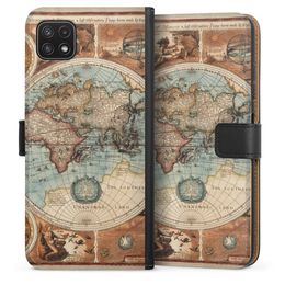 DeinDesign Galaxy A22 5G Handy Klapphülle Handyhülle aus Kunst Leder schwarz Flip Case World Map Vintage Map Sideflip mit langer Lasche