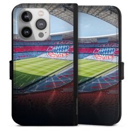 DeinDesign iPhone 14 Pro Handy Klapph&uuml;lle Handyh&uuml;lle aus Kunst Leder schwarz Flip Case Fcb Fc Bayern M&uuml;nchen Stadium Sideflip mit langer Lasche