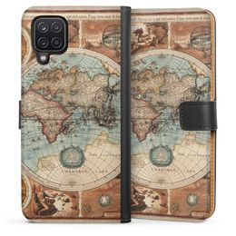 DeinDesign Galaxy A12 Handy Klapph&uuml;lle Handyh&uuml;lle aus Kunst Leder schwarz Flip Case World Map Vintage Map Sideflip mit langer Lasche