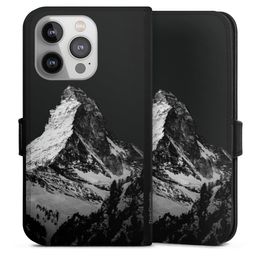 DeinDesign iPhone 14 Pro Handy Klapph&uuml;lle Handyh&uuml;lle aus Kunst Leder schwarz Flip Case Mountain Snow Mountain Top Sideflip mit langer Lasche