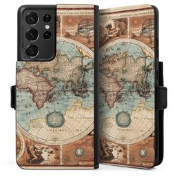 DeinDesign Galaxy S21 Ultra 5G Handy Klapph&uuml;lle Handyh&uuml;lle aus Kunst Leder schwarz Flip Case Vintage Map World Map Sideflip mit Lasche