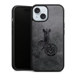 DeinDesign iPhone 15 Handy Gallery Case Handyh&uuml;lle 9H Geh&auml;rtetes Glas R&uuml;ckseite H&uuml;lle Official Licensed Product Msv Duisburg Zebra Gallery Case