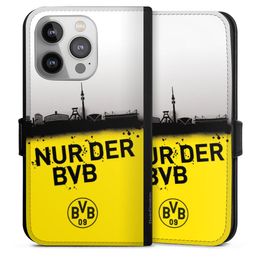DeinDesign iPhone 14 Pro Handy Klapph&uuml;lle Handyh&uuml;lle aus Kunst Leder schwarz Flip Case Borussia Dortmund Statement Bvb Sideflip mit langer Lasche