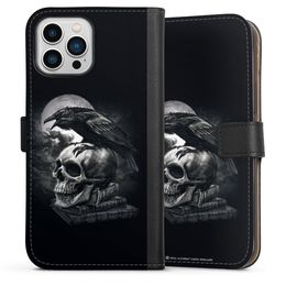 DeinDesign iPhone 13 Pro Max Handy Klapph&uuml;lle Handyh&uuml;lle aus Kunst Leder schwarz Flip Case Raven Skulls Skull Sideflip mit langer Lasche