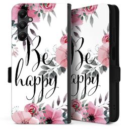 DeinDesign Galaxy A05s Handy Klapph&uuml;lle Handyh&uuml;lle aus Kunst Leder schwarz Flip Case Flowers Be Happy Spruch Sideflip mit Lasche