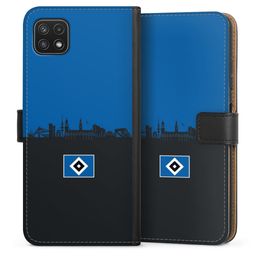 DeinDesign Galaxy A22 5G Handy Klapph&uuml;lle Handyh&uuml;lle aus Kunst Leder schwarz Flip Case Skyline Hamburg Hsv Sideflip mit langer Lasche