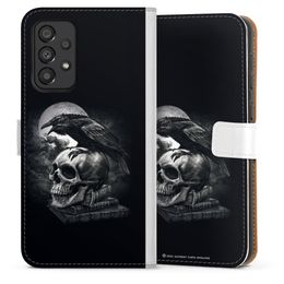 DeinDesign Galaxy A33 5G Handy Klapph&uuml;lle Handyh&uuml;lle aus Kunst Leder wei&szlig; Flip Case Skull Raven Skulls Sideflip mit Lasche