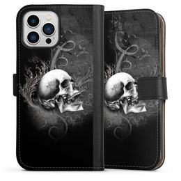 DeinDesign iPhone 13 Pro Max Handy Klapph&uuml;lle Handyh&uuml;lle aus Kunst Leder schwarz Flip Case Gothic Skull Skulls Sideflip mit langer Lasche