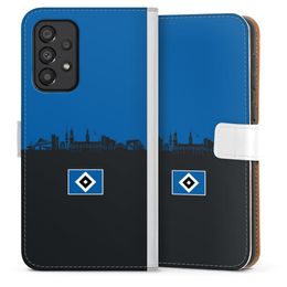 DeinDesign Galaxy A33 5G Handy Klapph&uuml;lle Handyh&uuml;lle aus Kunst Leder wei&szlig; Flip Case Skyline Hamburg Hsv Sideflip mit Lasche