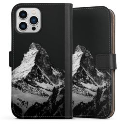 DeinDesign iPhone 13 Pro Max Handy Klapph&uuml;lle Handyh&uuml;lle aus Kunst Leder schwarz Flip Case Mountain Snow Mountain Top Sideflip mit langer Lasche