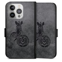 DeinDesign iPhone 14 Pro Handy Klapph&uuml;lle Handyh&uuml;lle aus Kunst Leder schwarz Flip Case Official Licensed Product Msv Duisburg Zebra Sideflip mit langer Lasche