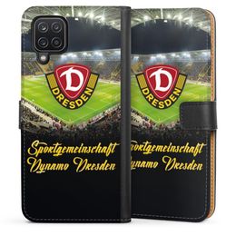 DeinDesign Galaxy A12 Handy Klapph&uuml;lle Handyh&uuml;lle aus Kunst Leder schwarz Flip Case Official Licensed Product Sgd Sg Dynamo Dresden Sideflip mit langer Lasche