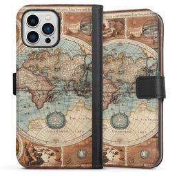 DeinDesign iPhone 13 Pro Max Handy Klapph&uuml;lle Handyh&uuml;lle aus Kunst Leder schwarz Flip Case Vintage Map World Map Sideflip mit langer Lasche