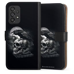 DeinDesign Galaxy A53 5G Handy Klapph&uuml;lle Handyh&uuml;lle aus Kunst Leder schwarz Flip Case Skull Raven Skulls Sideflip mit langer Lasche
