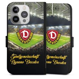 DeinDesign iPhone 14 Pro Handy Klapph&uuml;lle Handyh&uuml;lle aus Kunst Leder schwarz Flip Case Sg Dynamo Dresden Sgd Official Licensed Product Sideflip mit langer Lasche
