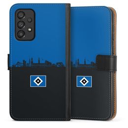 DeinDesign Galaxy A33 5G Handy Klapph&uuml;lle Handyh&uuml;lle aus Kunst Leder schwarz Flip Case Skyline Hamburg Hsv Sideflip mit langer Lasche