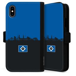 DeinDesign iPhone X Handy Klapph&uuml;lle Handyh&uuml;lle aus Kunst Leder schwarz Flip Case Hsv Skyline Hamburg Sideflip mit langer Lasche