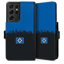 DeinDesign Galaxy S21 Ultra 5G Handy Klapph&uuml;lle Handyh&uuml;lle aus Kunst Leder schwarz Flip Case Hsv Skyline Hamburg Sideflip mit Lasche