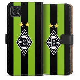 DeinDesign Galaxy A22 5G Handy Klapph&uuml;lle Handyh&uuml;lle aus Kunst Leder schwarz Flip Case Borussia M&ouml;nchengladbach Gladbach Stripes Sideflip mit langer Lasche