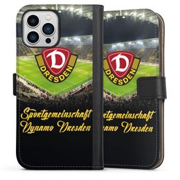 DeinDesign iPhone 13 Pro Max Handy Klapph&uuml;lle Handyh&uuml;lle aus Kunst Leder schwarz Flip Case Sg Dynamo Dresden Sgd Official Licensed Product Sideflip mit langer 