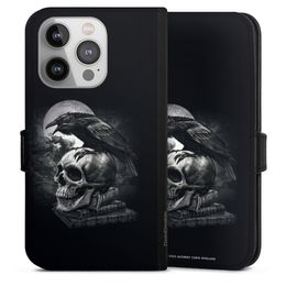 DeinDesign iPhone 14 Pro Handy Klapph&uuml;lle Handyh&uuml;lle aus Kunst Leder schwarz Flip Case Raven Skulls Skull Sideflip mit langer Lasche