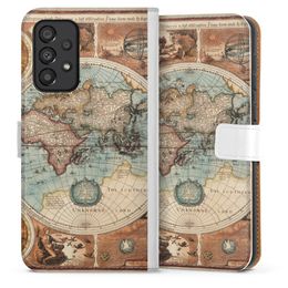 DeinDesign Galaxy A33 5G Handy Klapph&uuml;lle Handyh&uuml;lle aus Kunst Leder wei&szlig; Flip Case World Map Vintage Map Sideflip mit Lasche