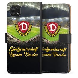 DeinDesign Galaxy A22 5G Handy Klapph&uuml;lle Handyh&uuml;lle aus Kunst Leder schwarz Flip Case Sg Dynamo Dresden Sgd Official Licensed Product Sideflip mit langer Lasche