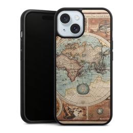 DeinDesign iPhone 15 Handy Gallery Case Handyh&uuml;lle 9H Geh&auml;rtetes Glas R&uuml;ckseite H&uuml;lle Vintage Map World Map Gallery Case