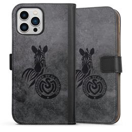 DeinDesign iPhone 13 Pro Max Handy Klapph&uuml;lle Handyh&uuml;lle aus Kunst Leder schwarz Flip Case Official Licensed Product Msv Duisburg Zebra Sideflip mit langer 