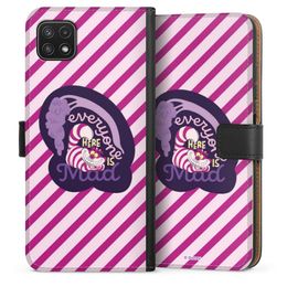 DeinDesign Galaxy A22 5G Handy Klapph&uuml;lle Handyh&uuml;lle aus Kunst Leder schwarz Flip Case Alice In Wonderland Disney Grinning Cat Sideflip mit langer Lasche